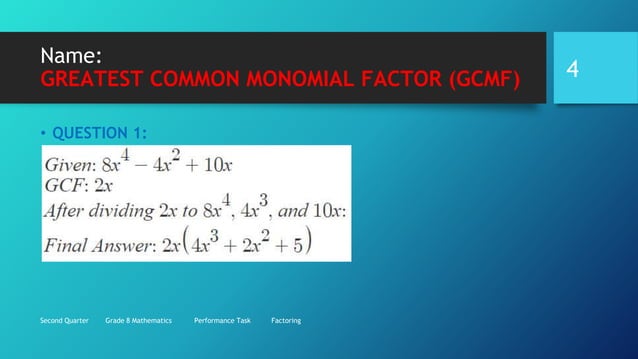 Second Quarter Group F Math Peta - Factoring (GCMF, DTS, STC, DTC, PST ...
