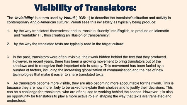 THE ROLE OF TRANSLATOR: visibility, ethics and sociology | PPTX