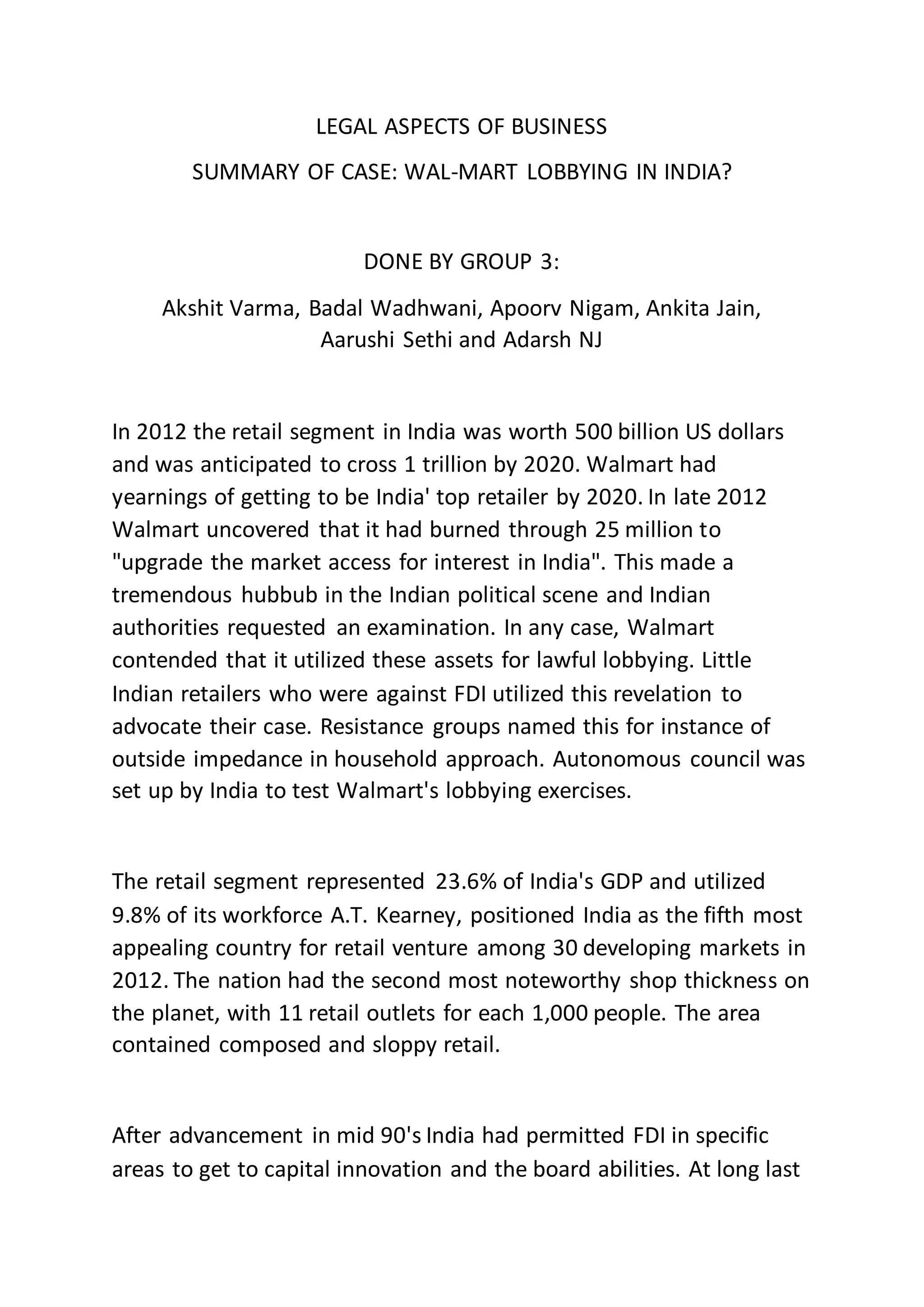 Summary on the Case of Walmart lobbying in India | DOCX