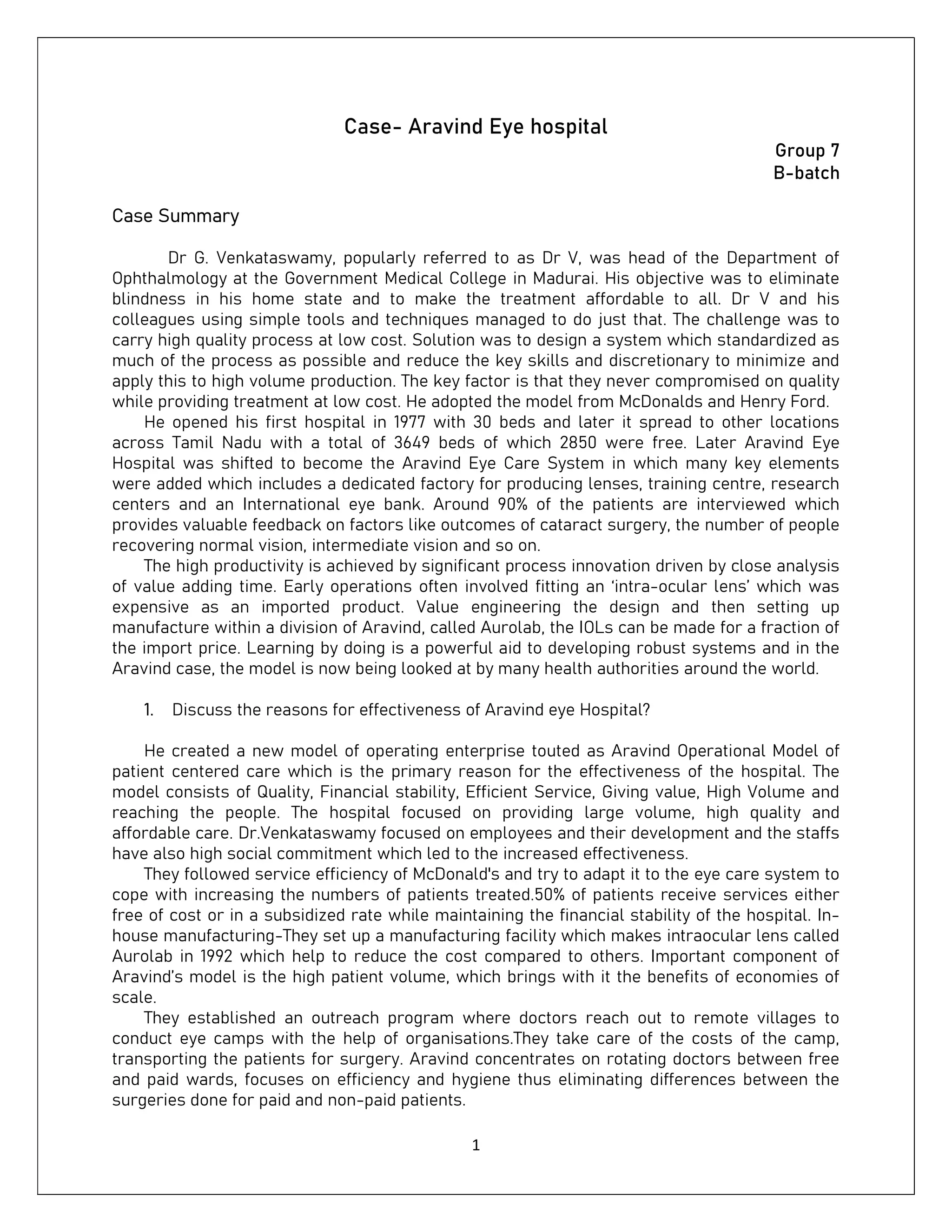 Aravind eye hospital case analysis | PDF