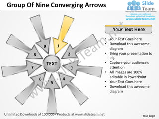 Group of nine coverging arrows circular layout process power point ...