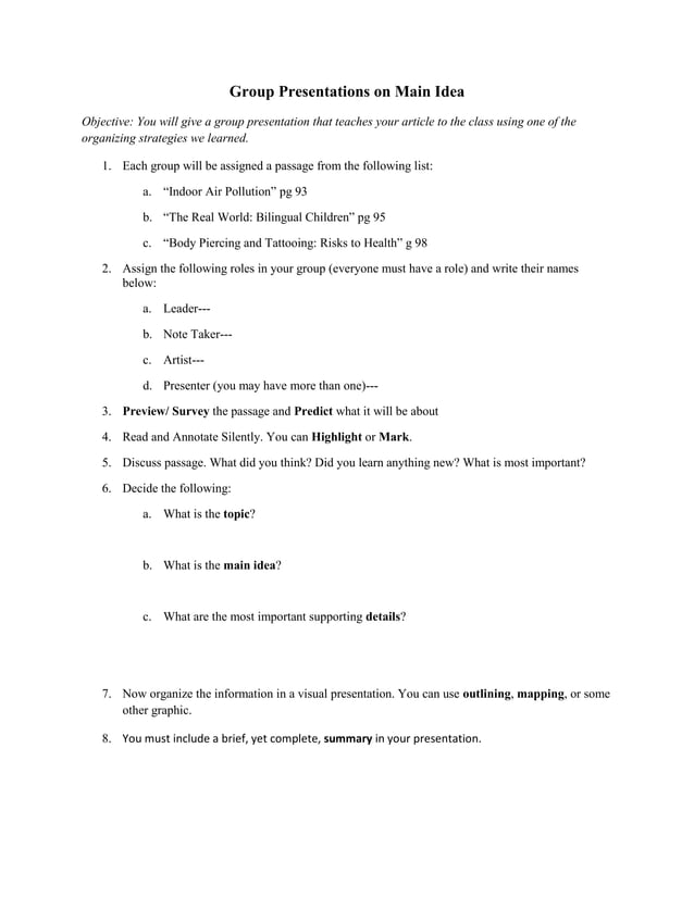 Group presentations on main idea | PDF