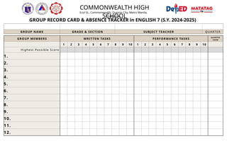 Group Record Card and Absence Tracker Template for English 7 Students ...