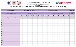 Group Record Card and Absence Tracker Template for English 7 Students ...