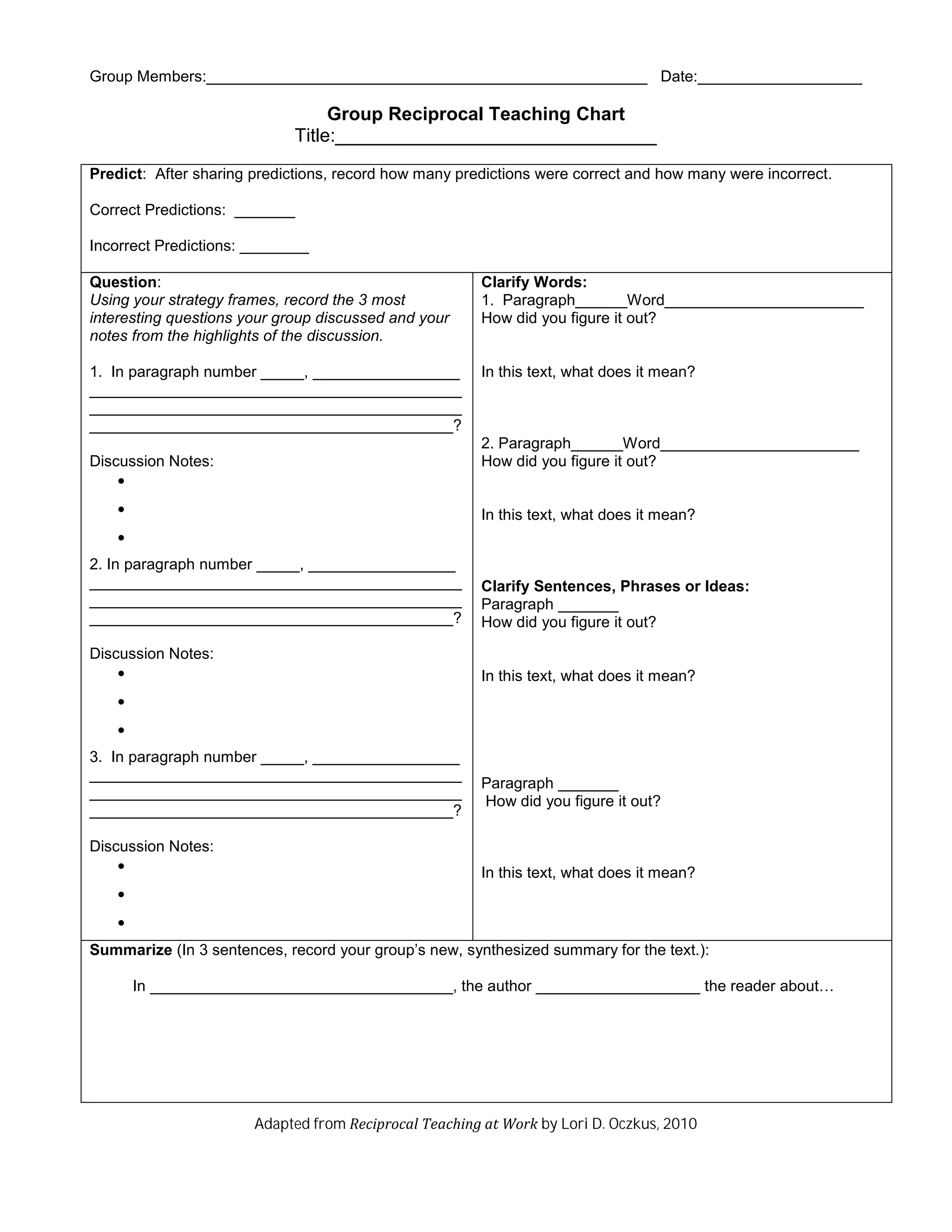 Group Reciprocal Teaching Chart | PDF