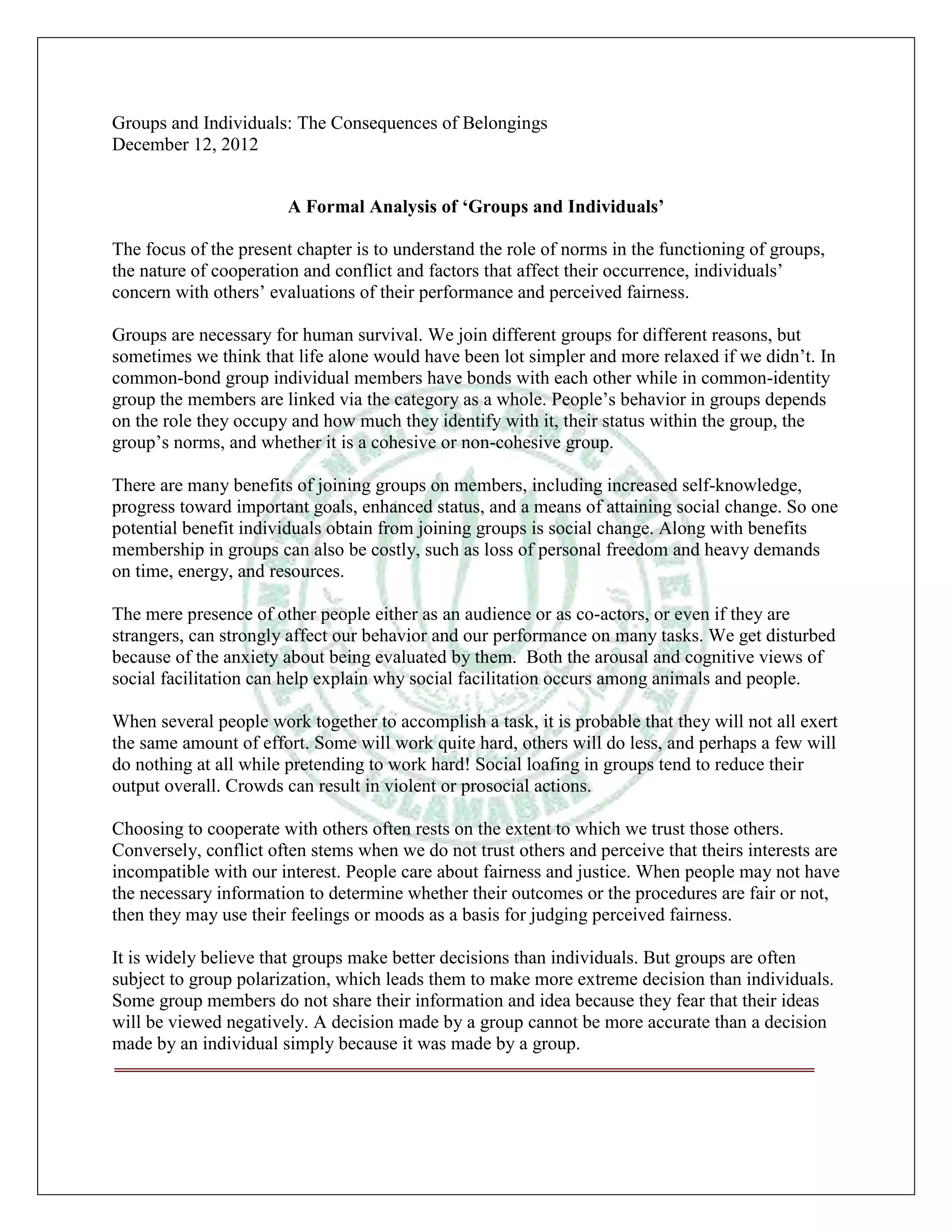Groups and Individuals the consequences of belongings - Analysis | DOCX