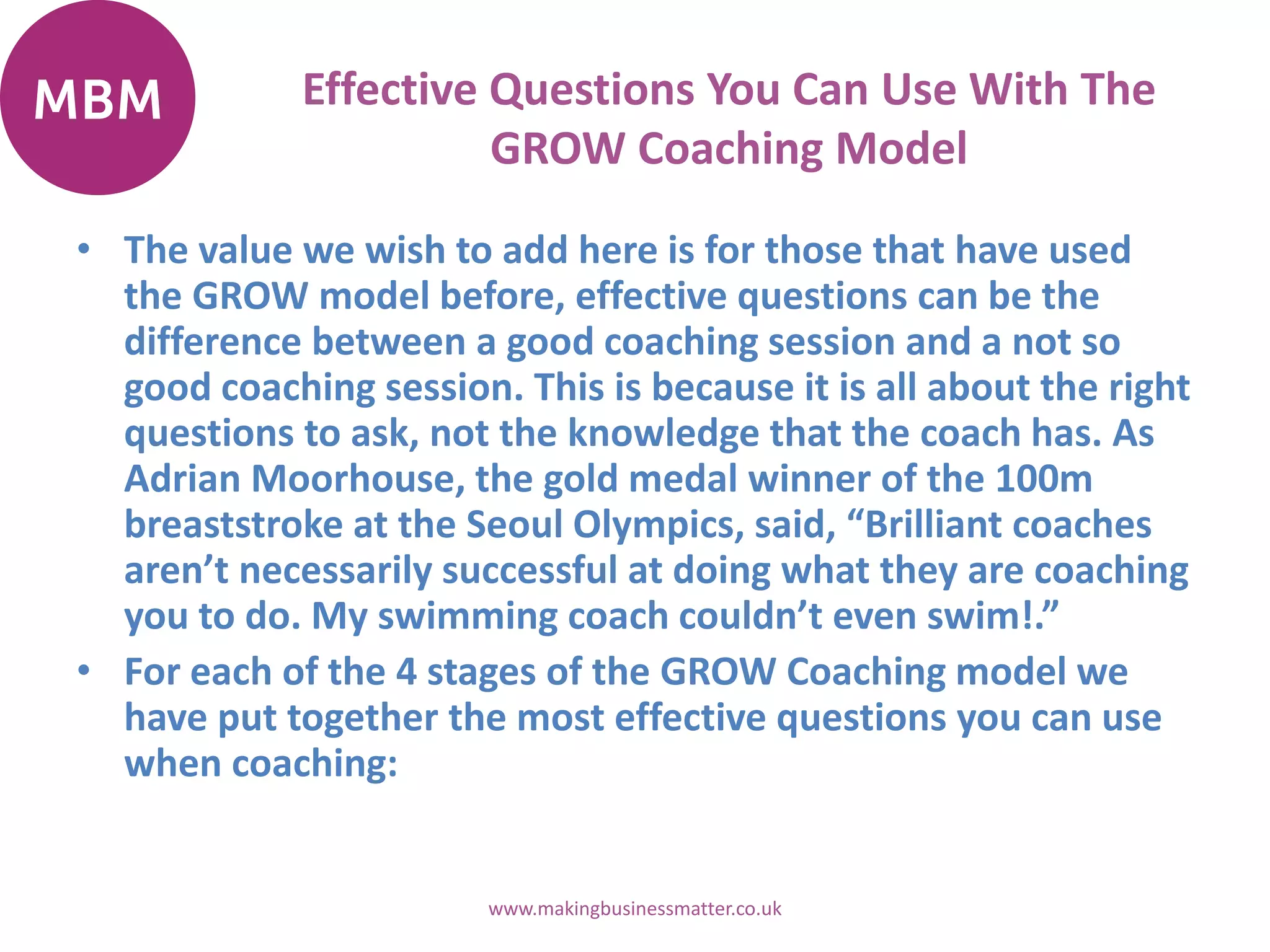Effective Questions in the GROW coaching model | PPTX
