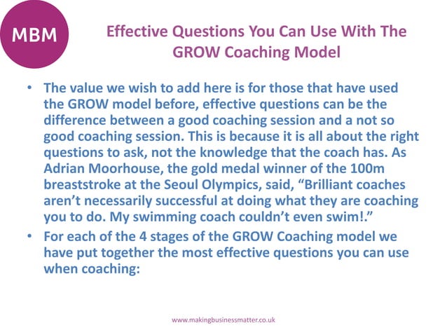Effective Questions in the GROW coaching model | PPTX | Sports
