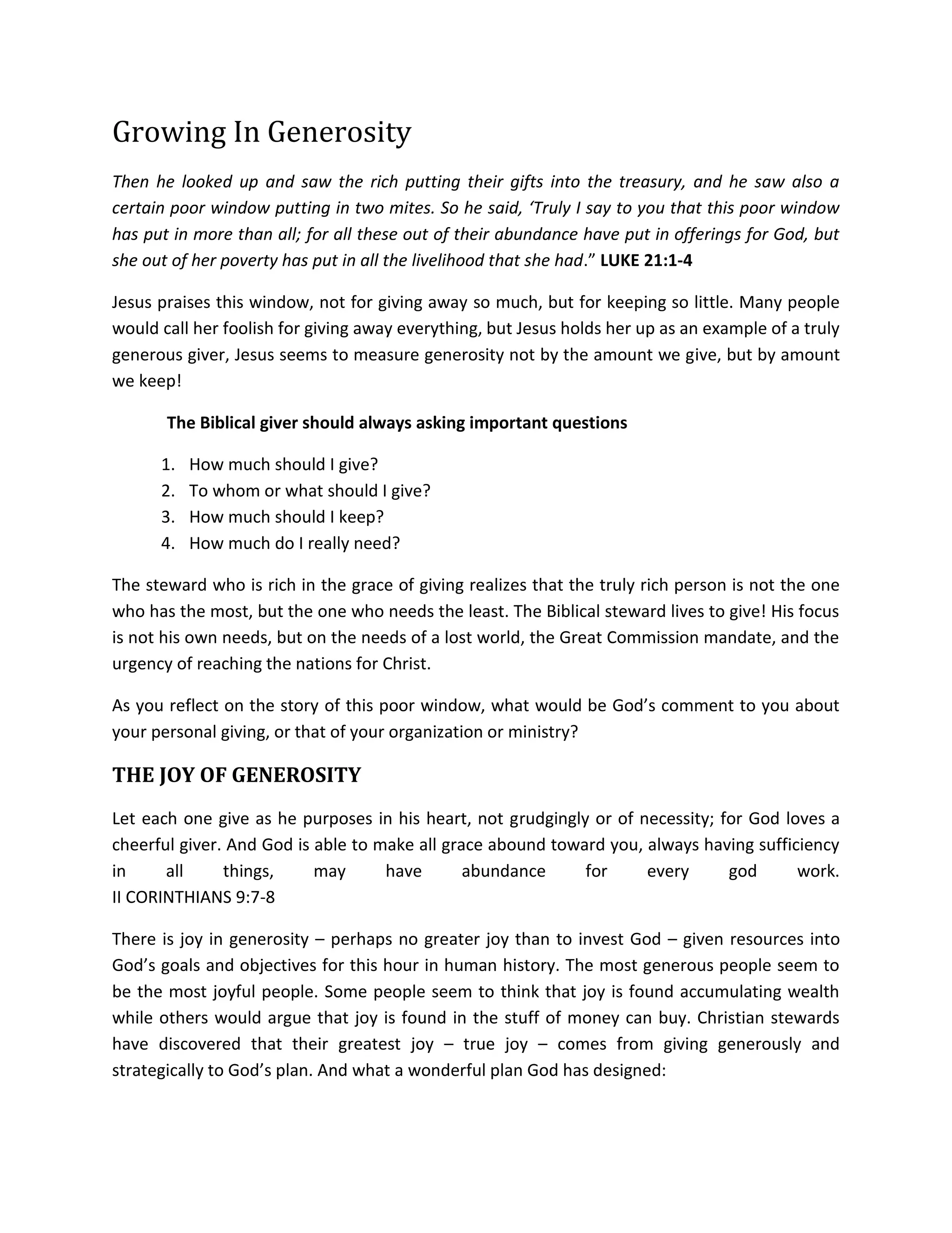 Growing in generosity | DOCX | Christianity | Religion & Spirituality