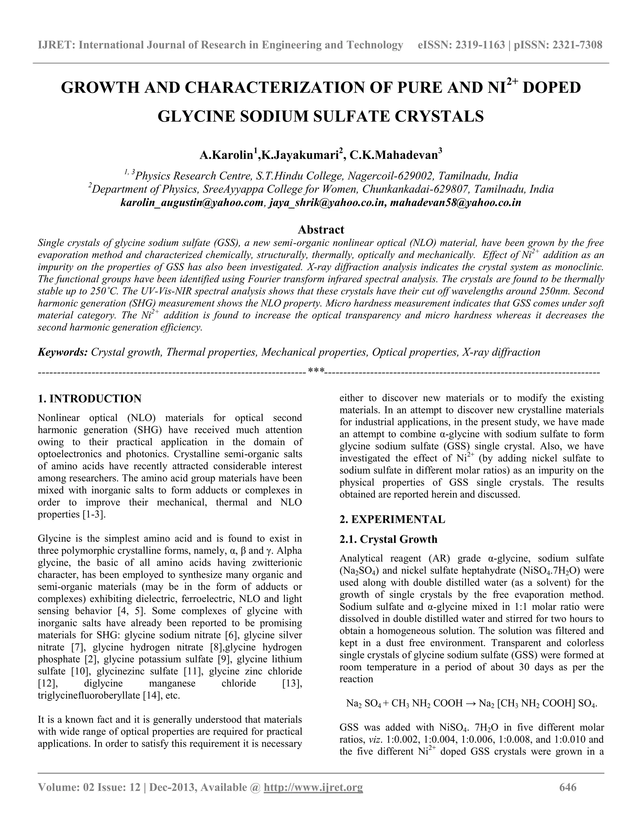 Growth and characterization of pure and ni2+ doped glycine sodium ...