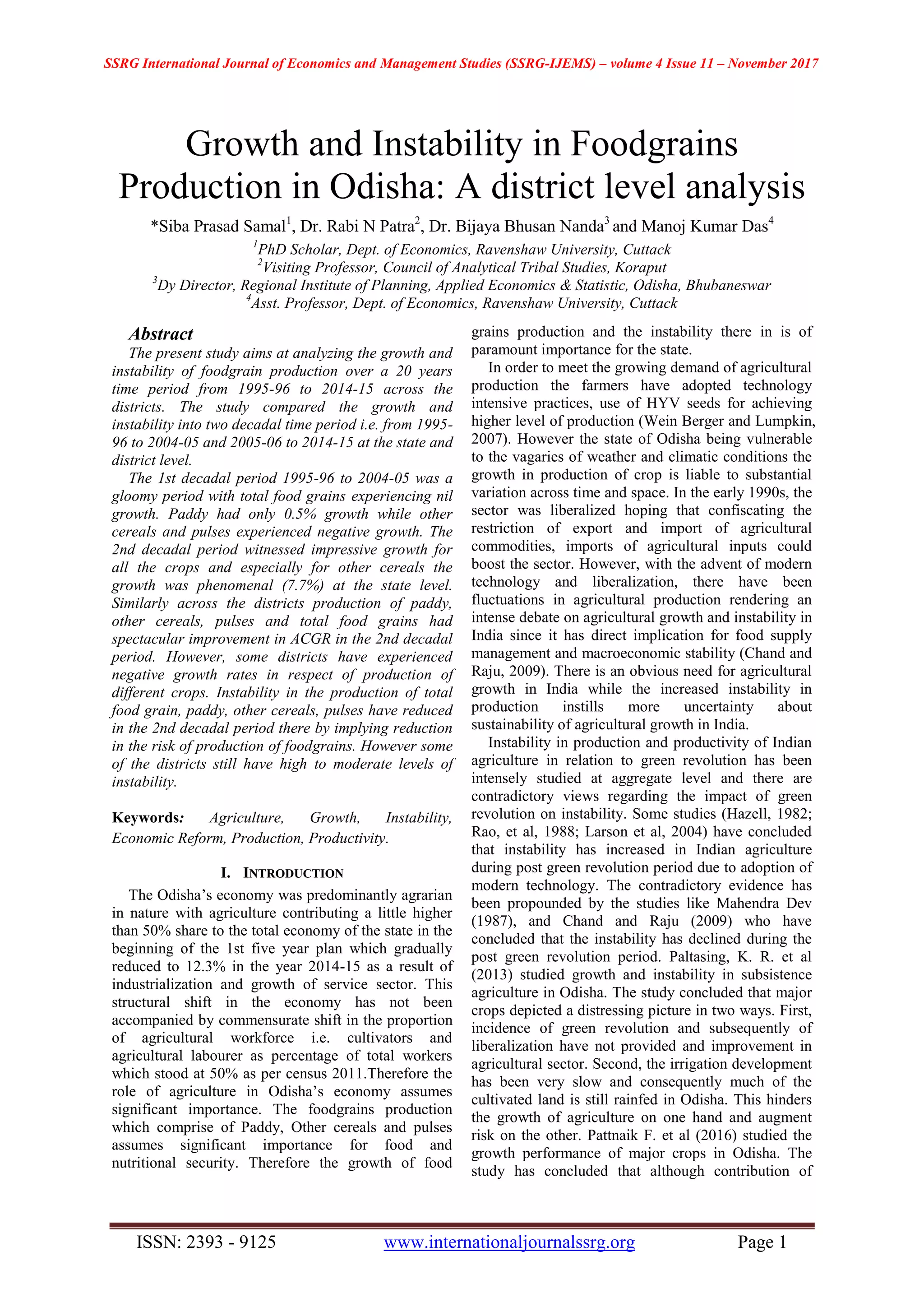 Growth and Instability in Food Grain production in Oisha | PDF