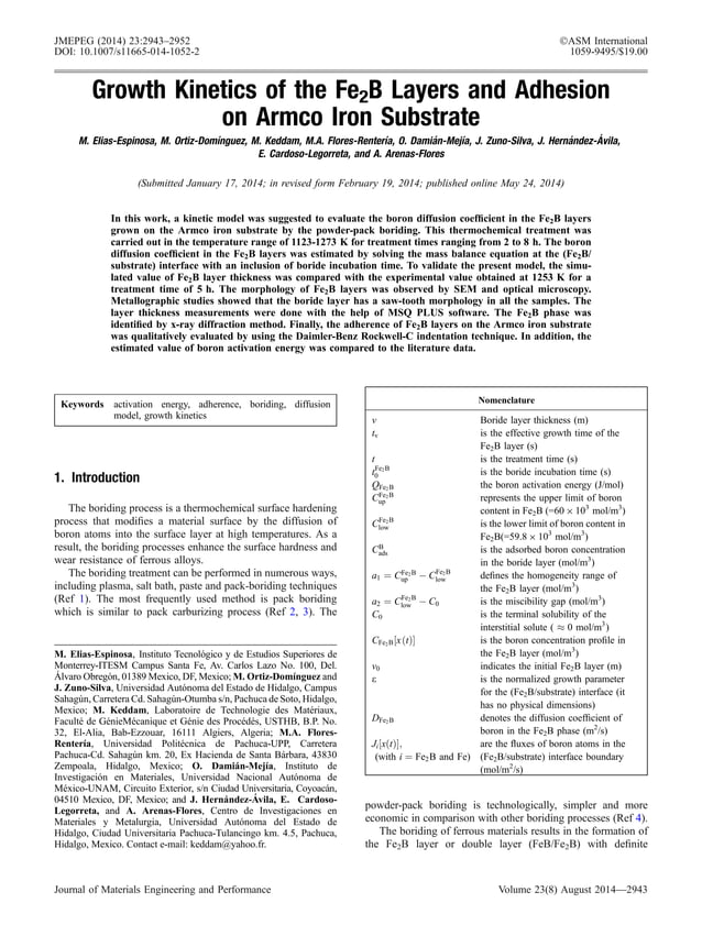 Growth kinetics of the fe2 b layers and adhesion on armco iron ...