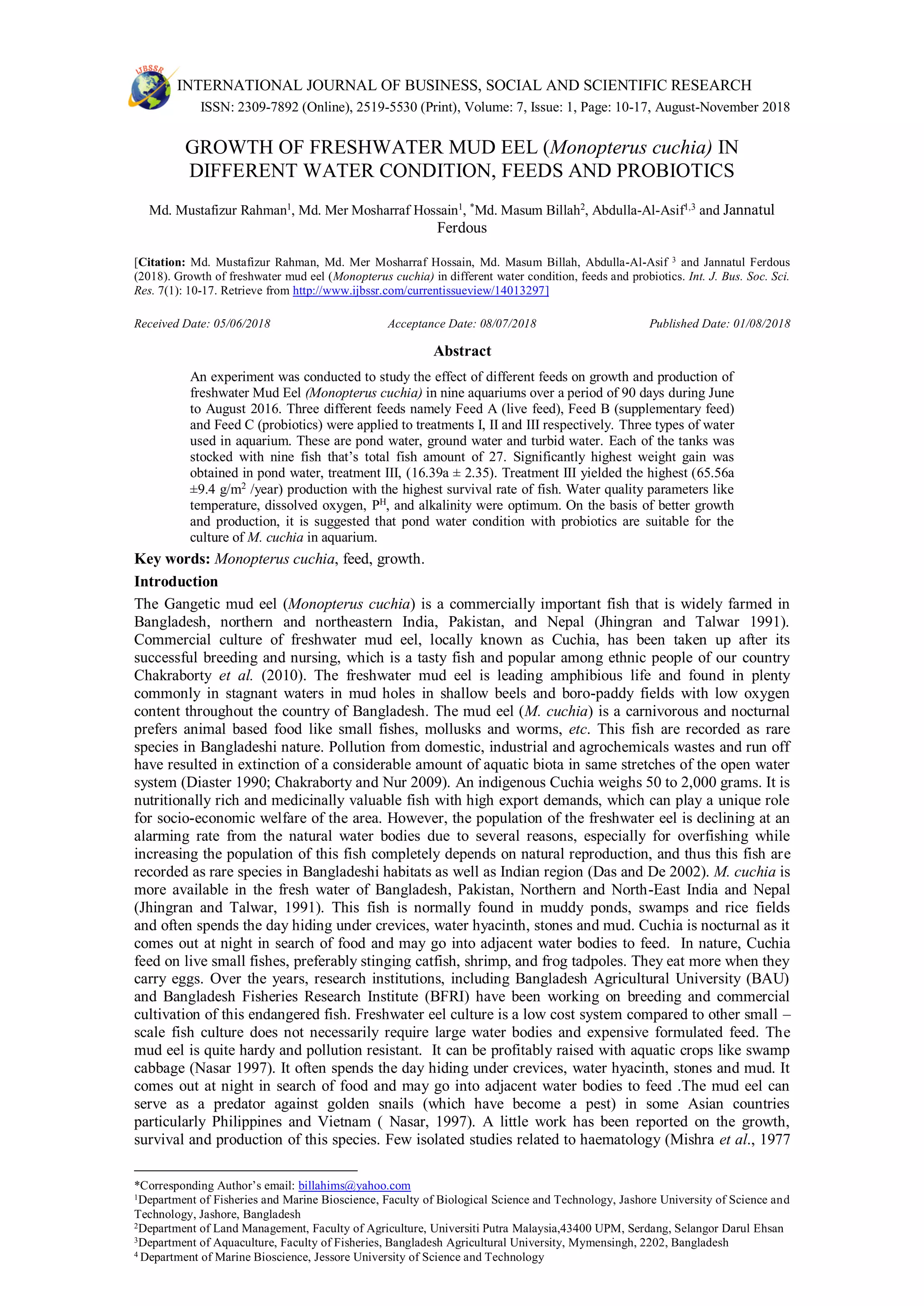 Growth of freshwater mud eel (Monopterus cuchia) in different water ...