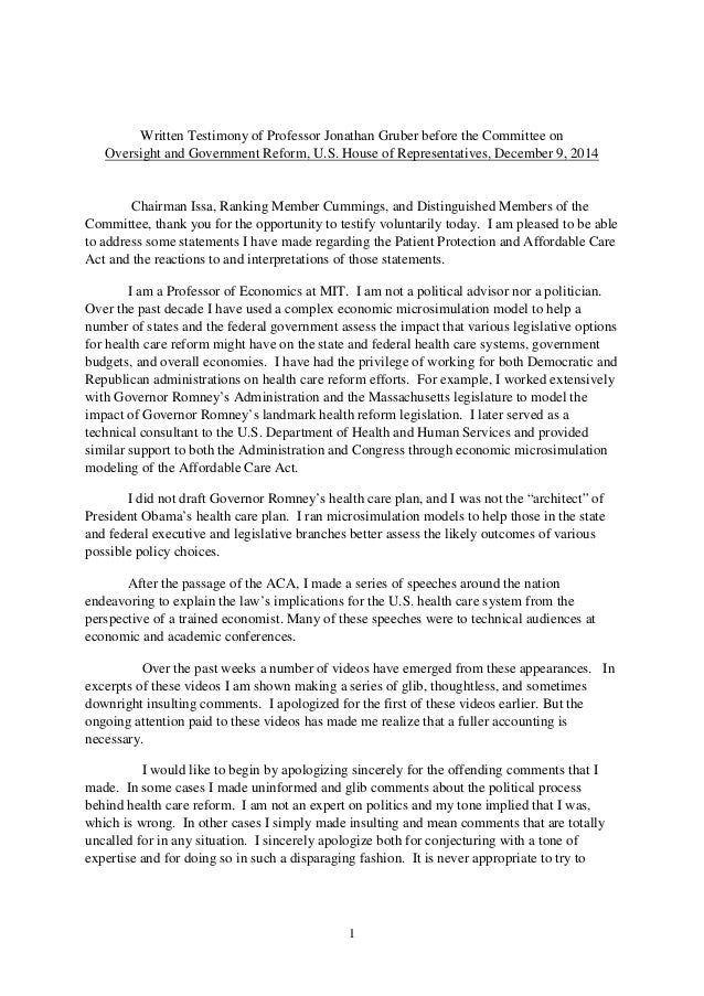 Full text of Jonathan Gruber's apology to Congress & American people