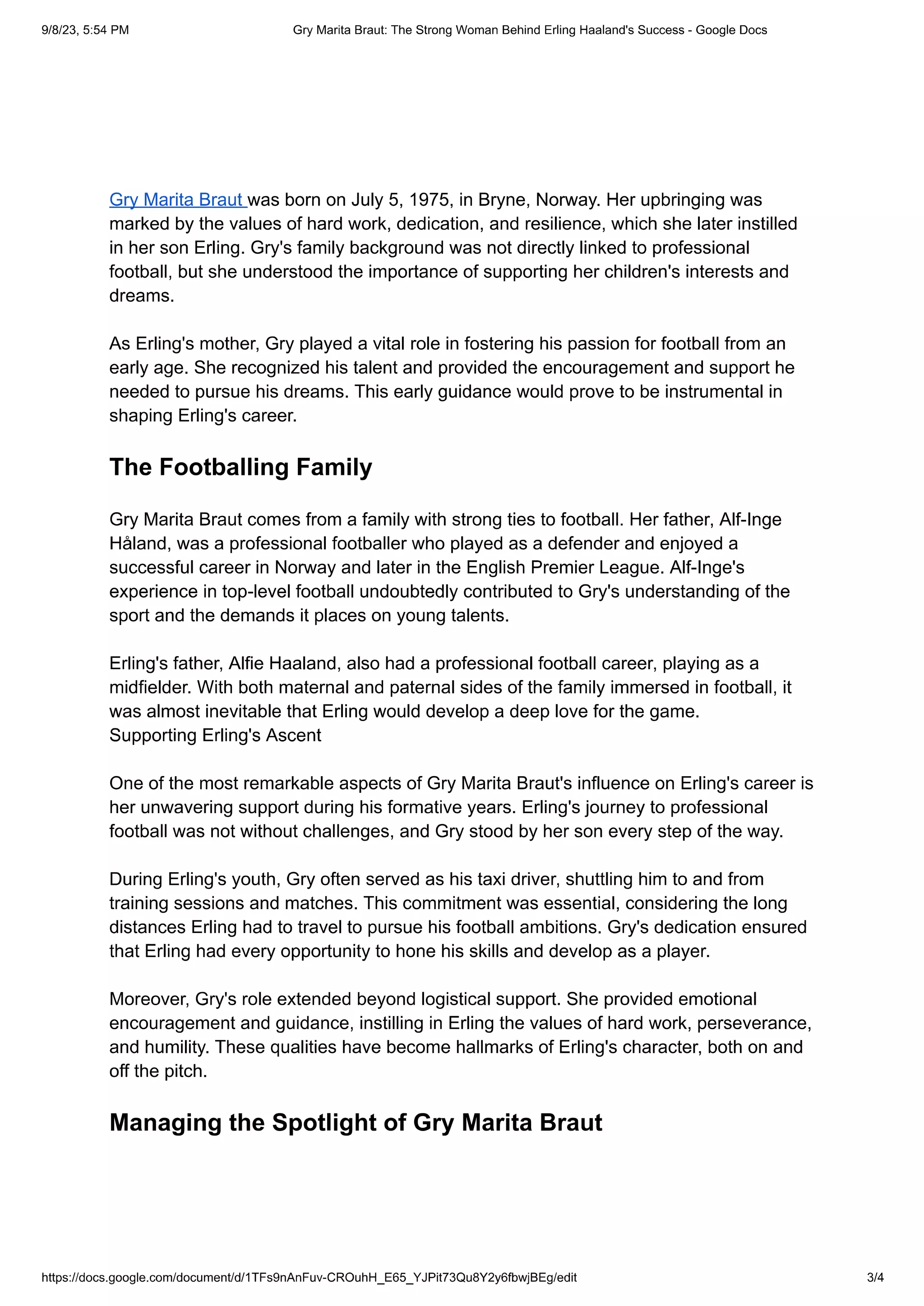 Gry Marita Braut: The Strong Woman Behind Erling Haaland's Success | PDF