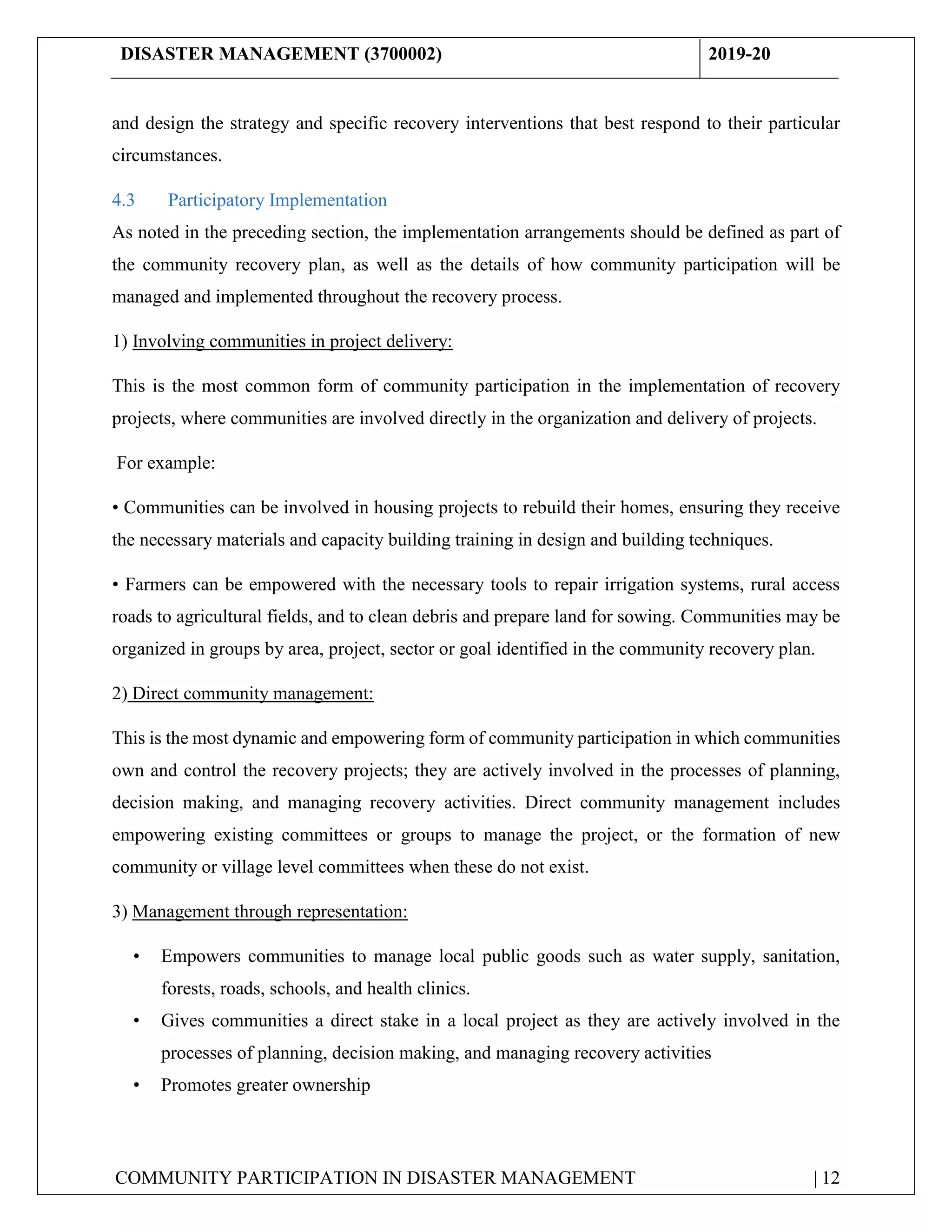 COMMUNITY PARTICIPATION IN DISASTER MANAGEMENT | PDF