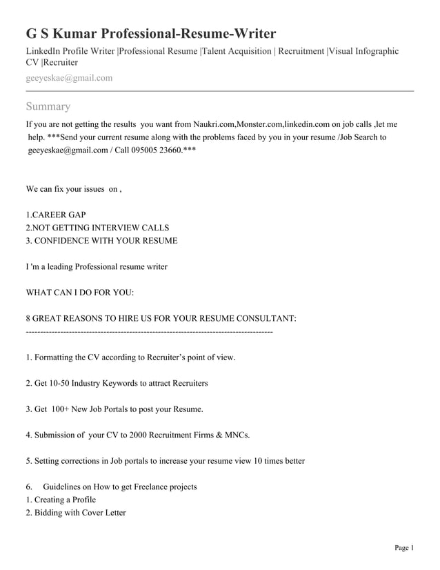 G s kumar professional resume-writer profile | PDF