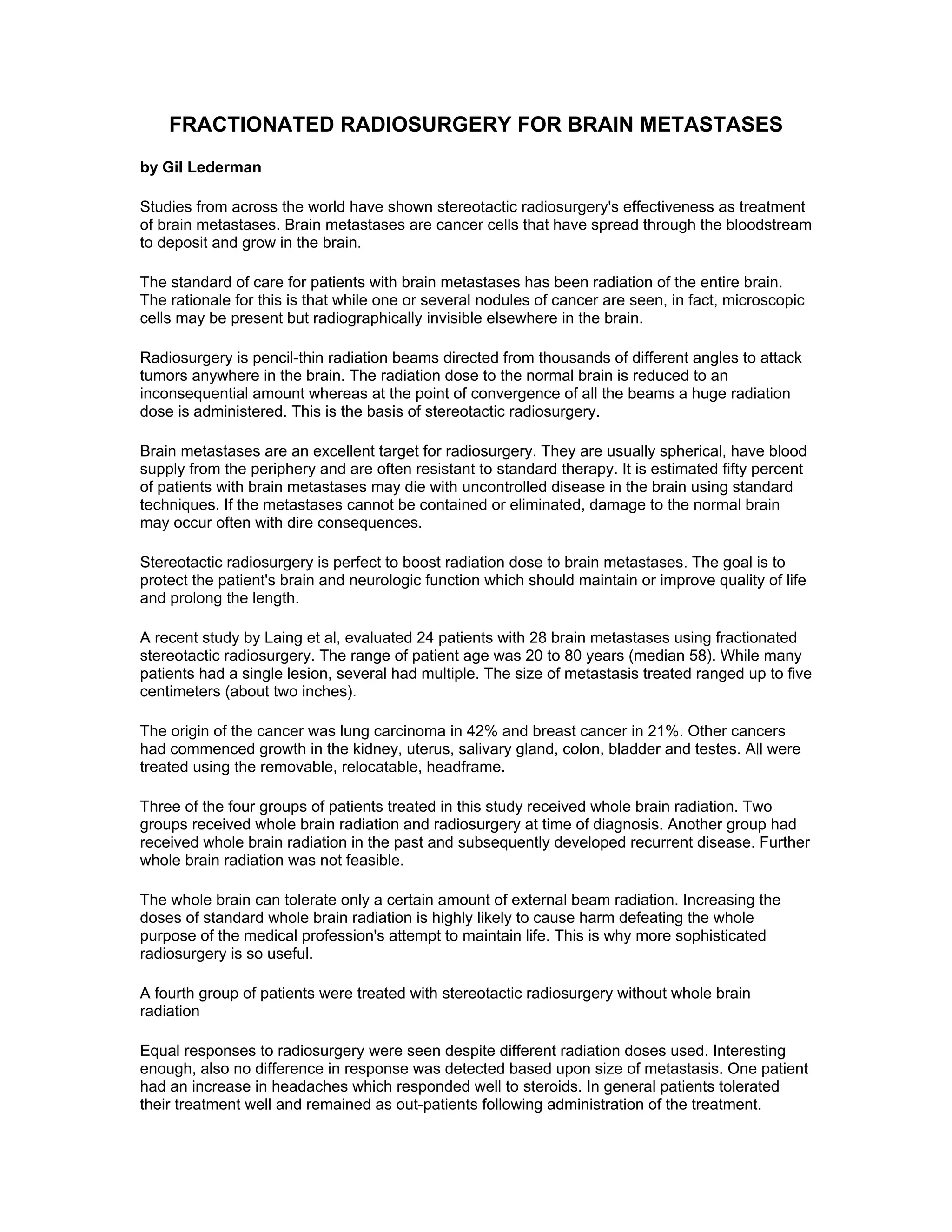 Fractionated radiosurgery for brain metastases | PDF