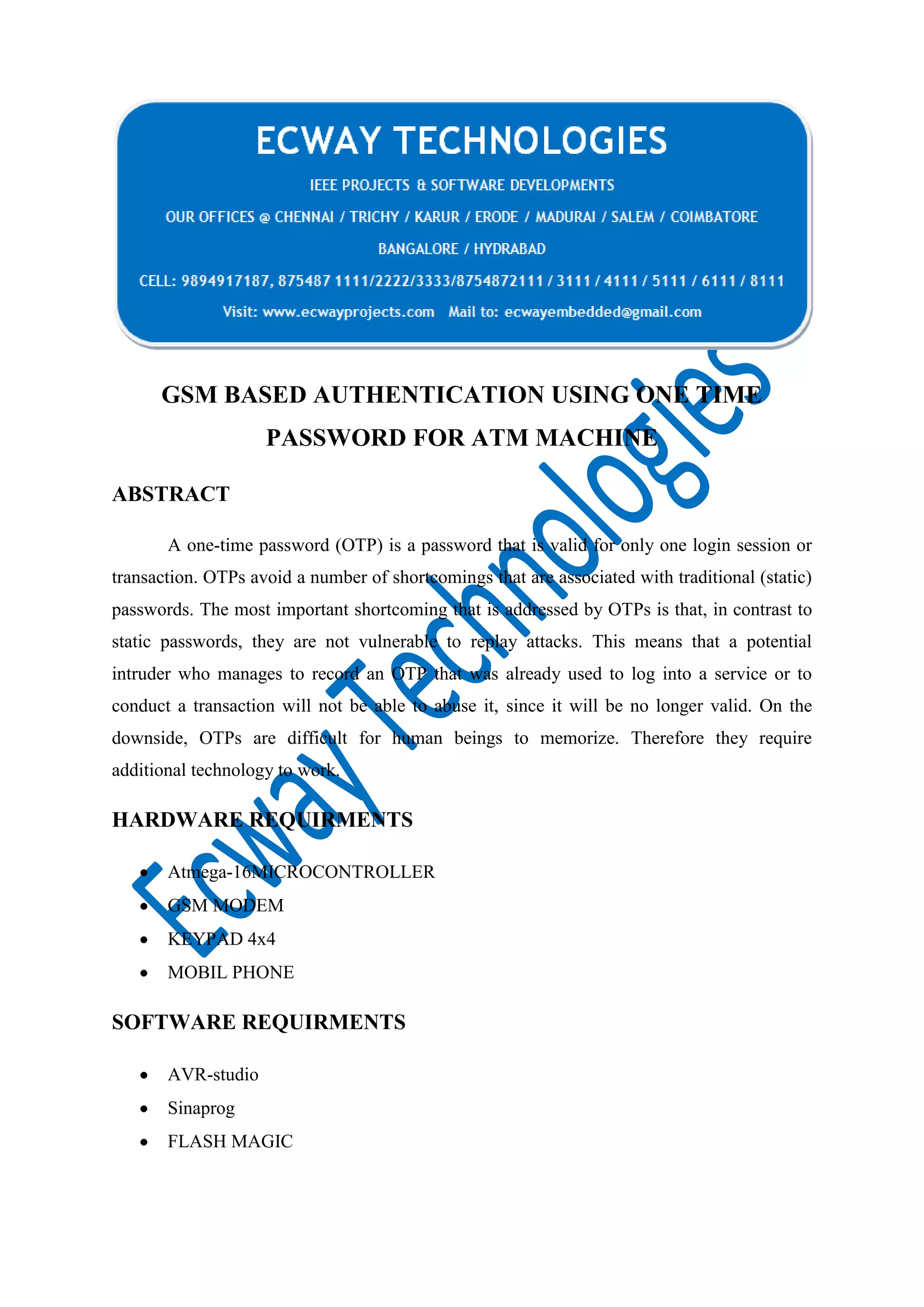 Gsm based authentication using one time password for atm machine | DOCX | Internet | Computing