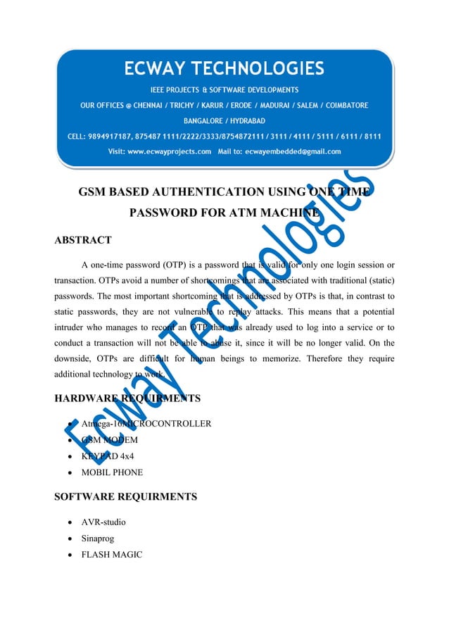 Gsm based authentication using one time password for atm machine | DOCX | Internet | Computing