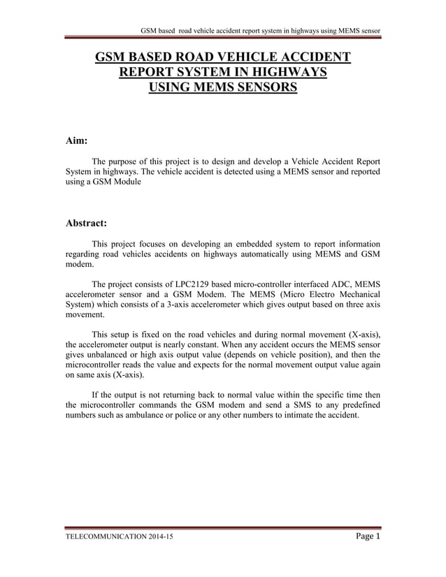 Gsm based road vehicle accident report system using mems sensor | PDF