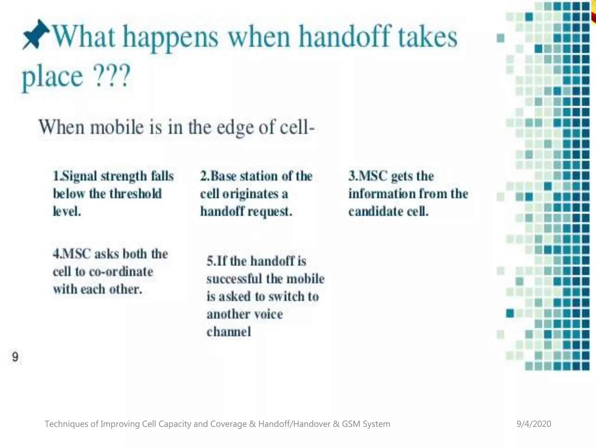 Techniques of Improving Cell Capacity and Coverage & Hand off/Handover & GSM System | PPT