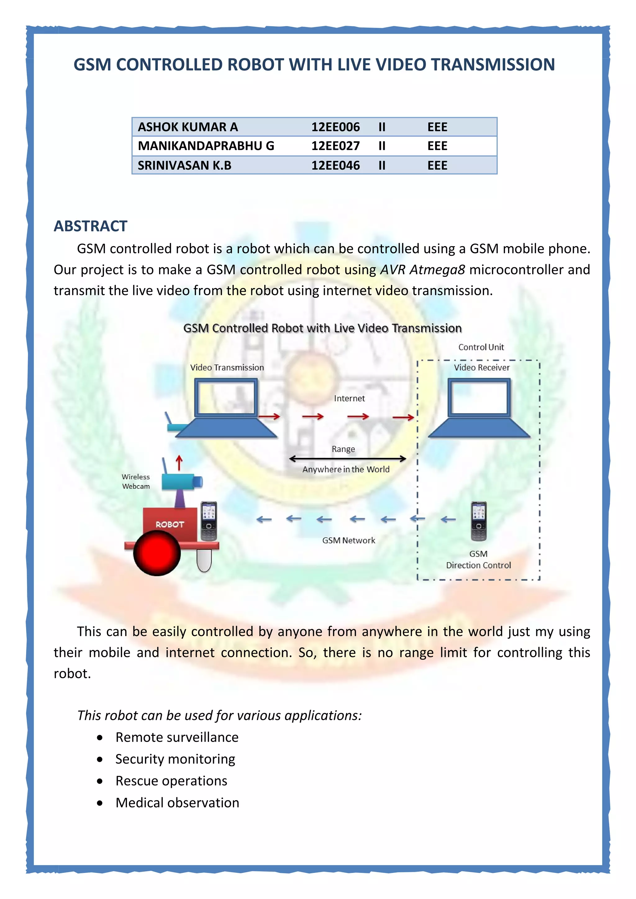 Gsm controlled robot abstract | PDF