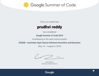 Gsoc 2018 certificate of completion for prudhvi reddy | PPT