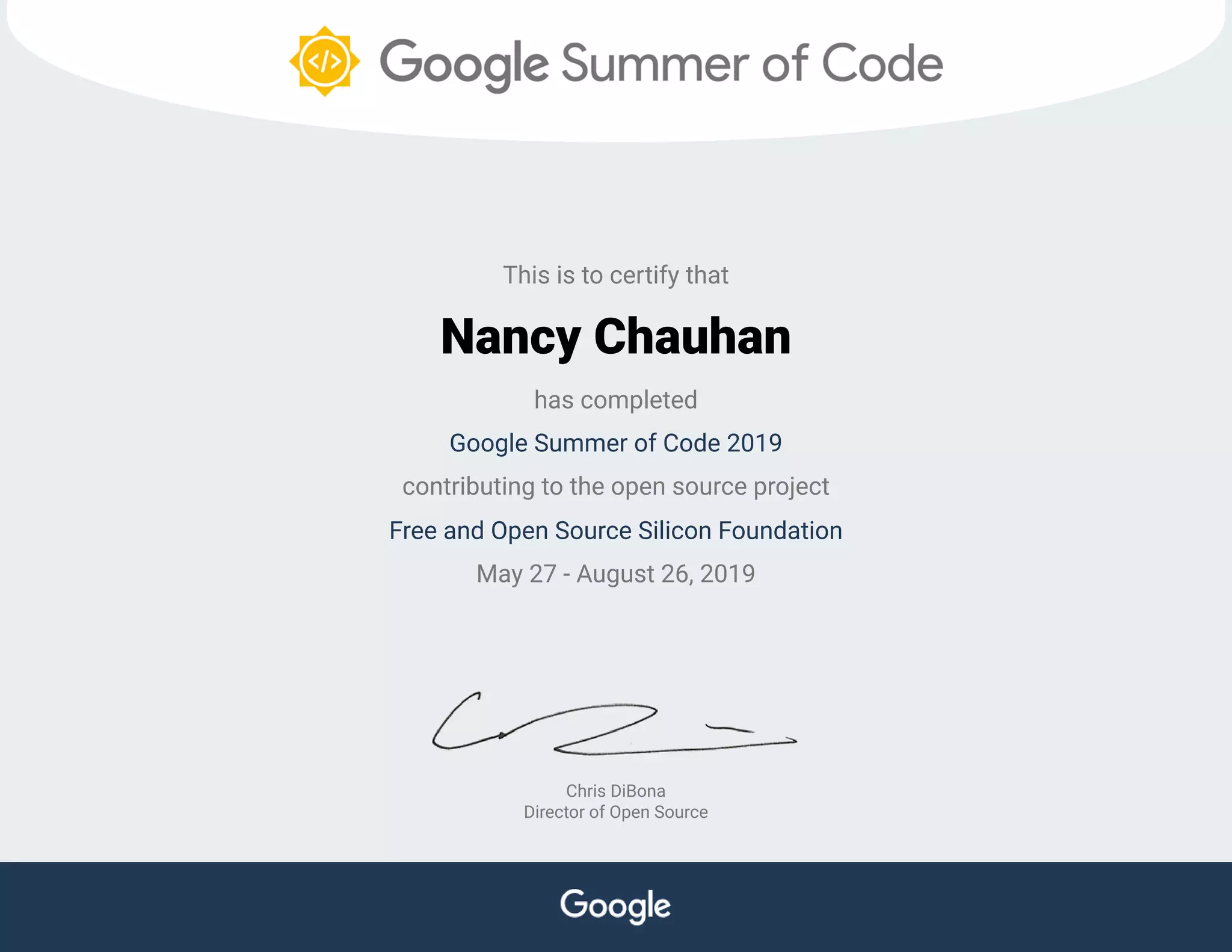 GSoC 2019 certificate for Nancy Chauhan | PPT