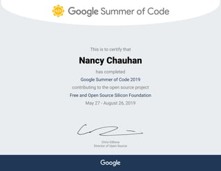 GSoC 2019 certificate for Nancy Chauhan | PPT