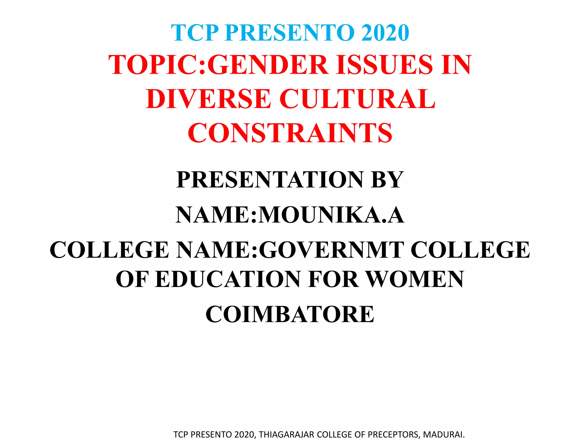 GENDER ISSUES IN DIVERSE CULTURAL CONSTRAINTS | PPTX