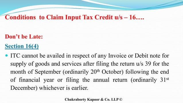 Gst section 16 - Input Tax Credit – Eligibility and Conditions | PPTX ...