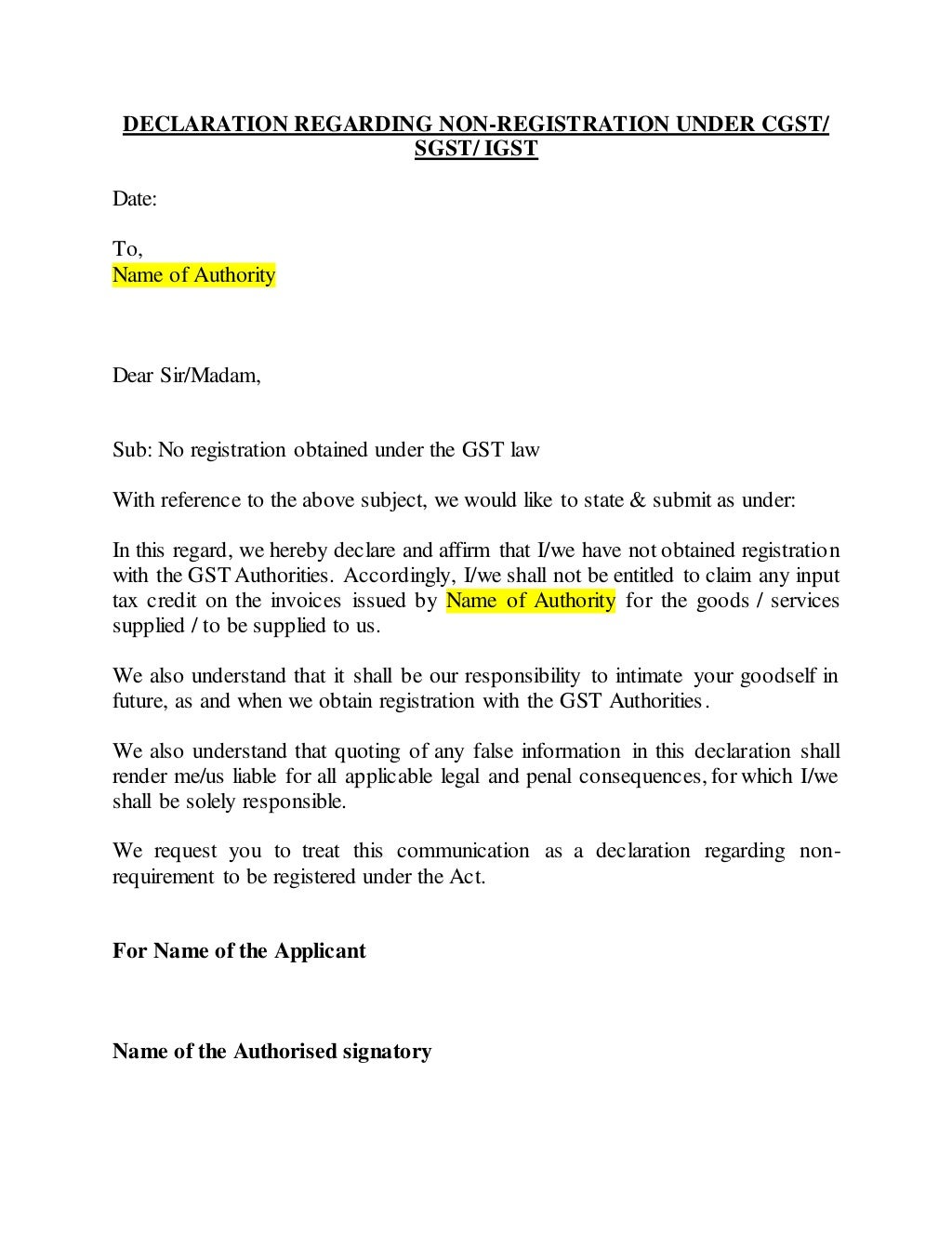 Gst Declaration Format Gst Declaration Format