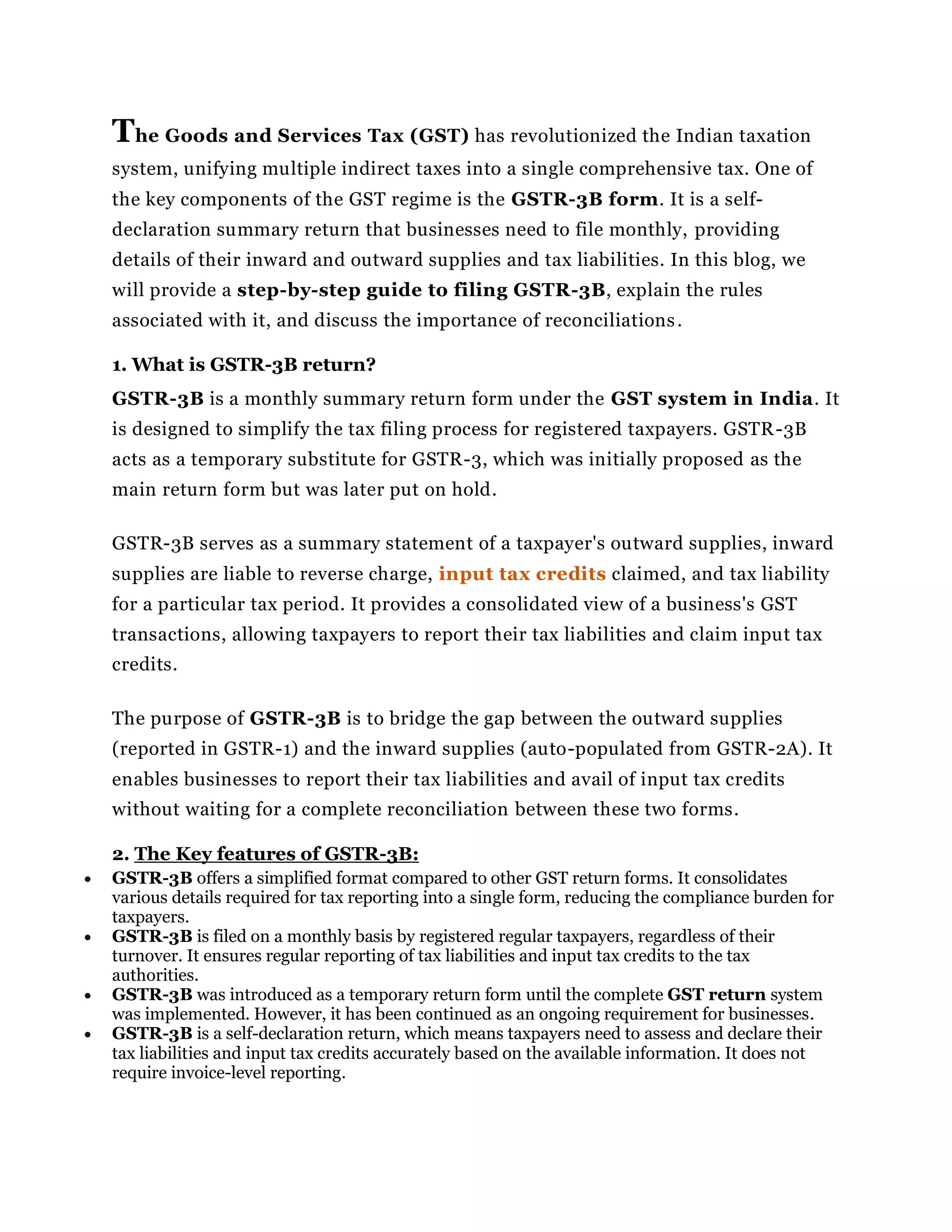 GSTR-3B: Filing, Rules, and Reconciliations | Academy Tax4wealth | PDF