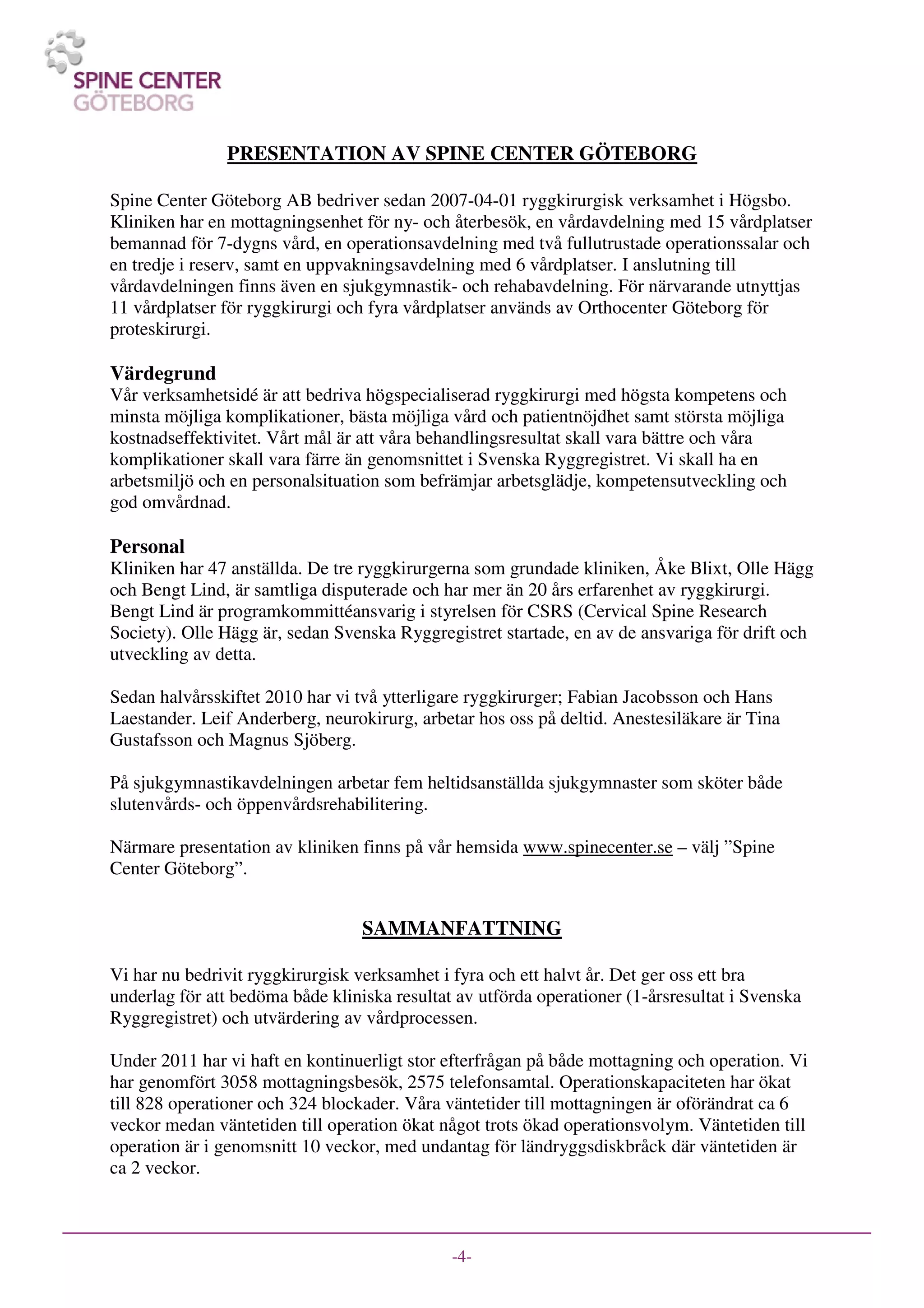 Göteborg Spine Center Kvalitetsredovisning 2011 | PDF