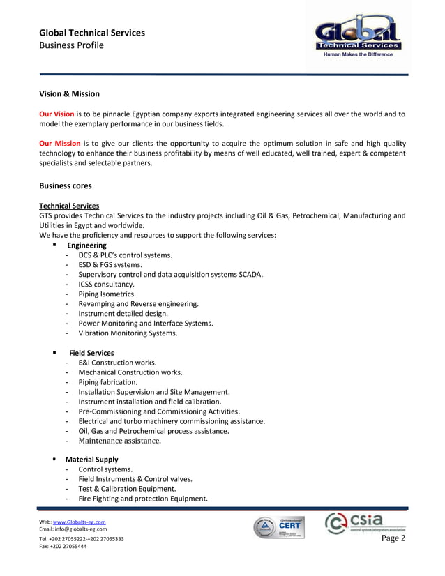 Global Technical Services - Company Profile | PDF