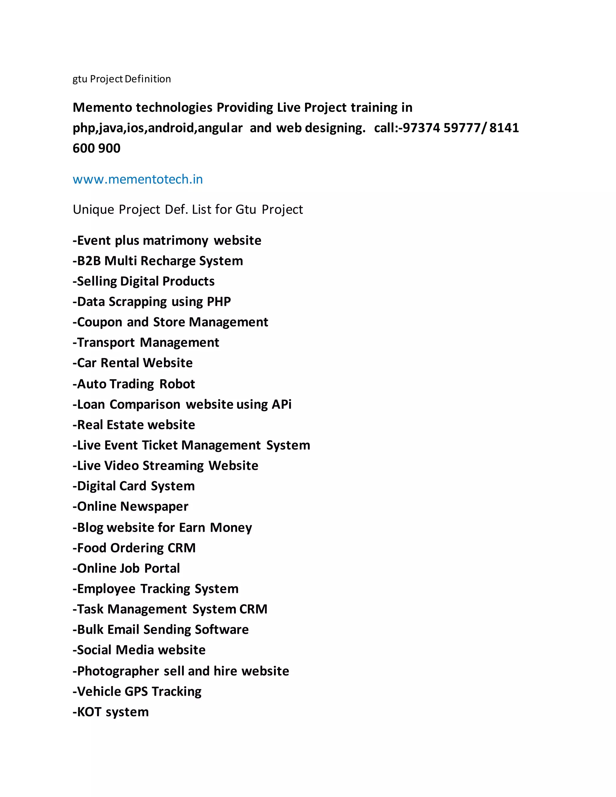 Gtu Live Project Definition List Php Java Udpidp Docx