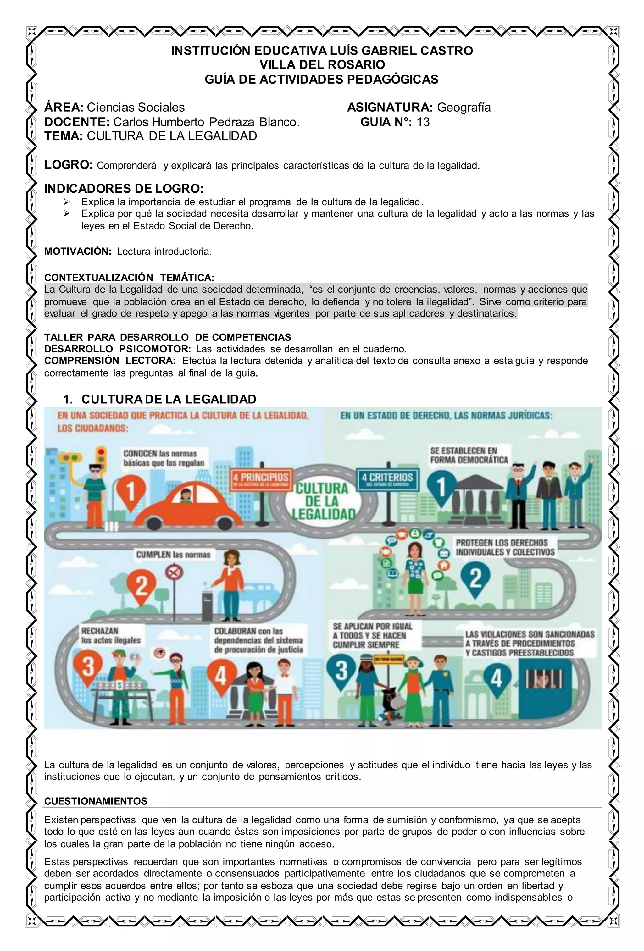 Guía 13 cultura de la legalidad ciencias sociales 9° colcastro 2015 | DOCX