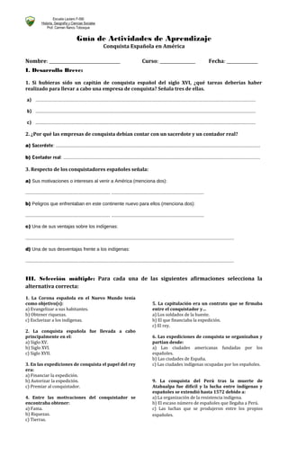 Guía de actividades de aprendizaje conquista española 5 año | DOC