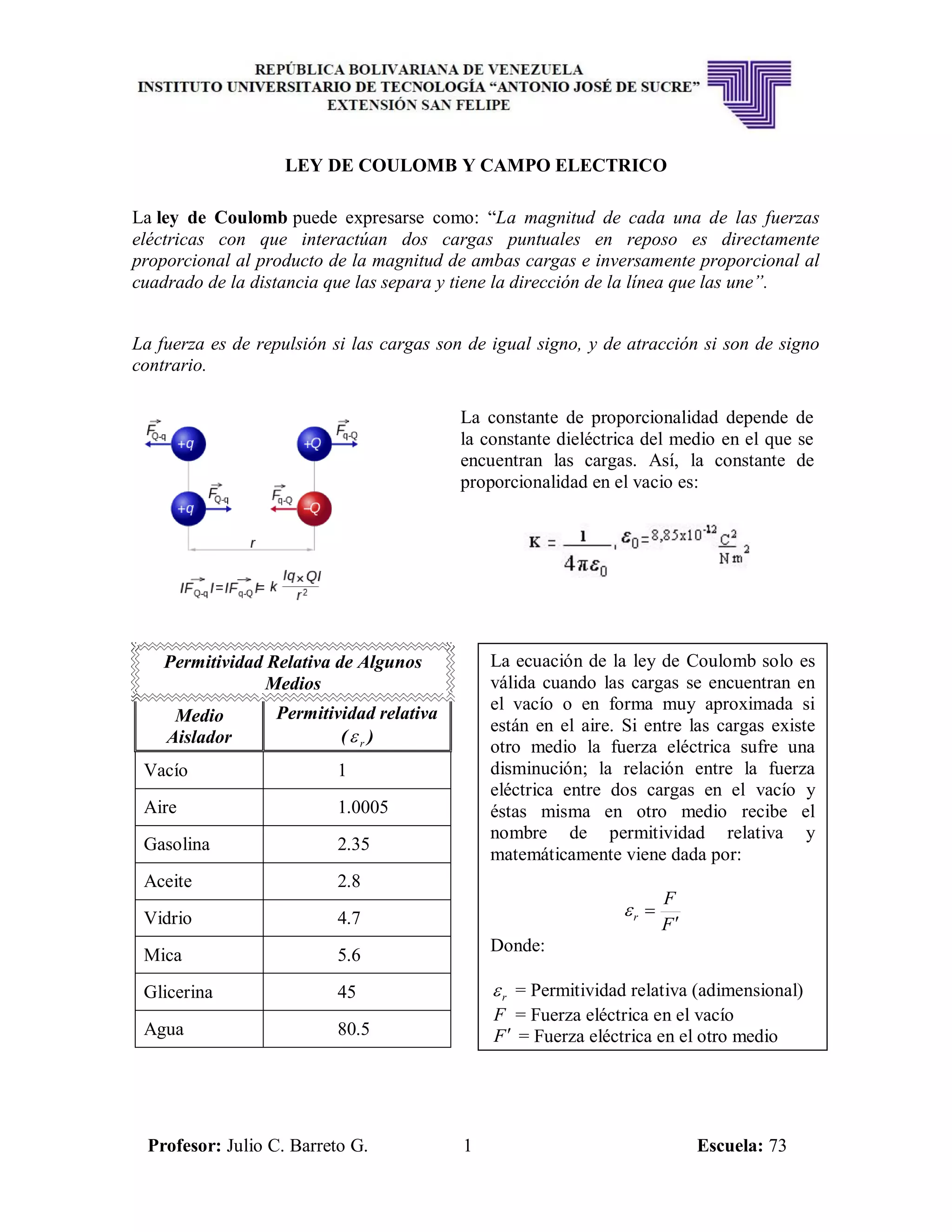 Guía de ley de coulomb campo electrico | PDF | Physics | Science