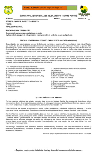 GUÍA DE NIVELACIÓN COMPRENSIÓN LECTORA OCTAVO - IV PERIODO | PDF
