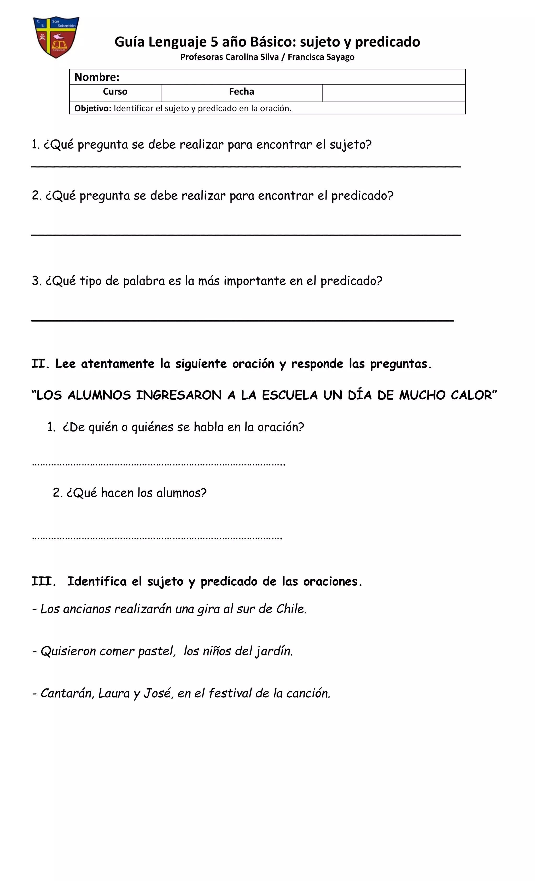 Guía de sujeto y predicado 5ºbásico | PDF