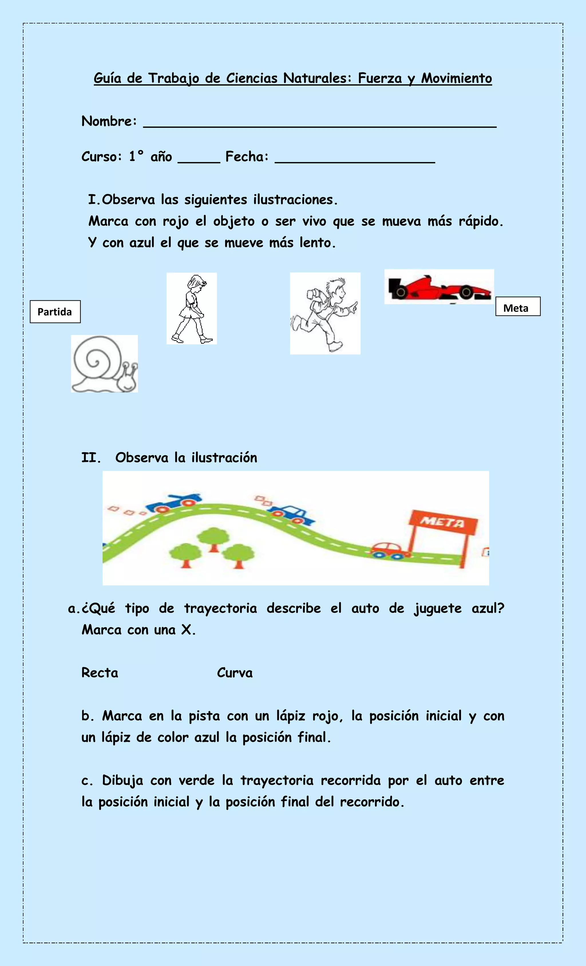 Hojas De Trabajo Sobre Fuerza Y Movimiento Para 1.º Grado