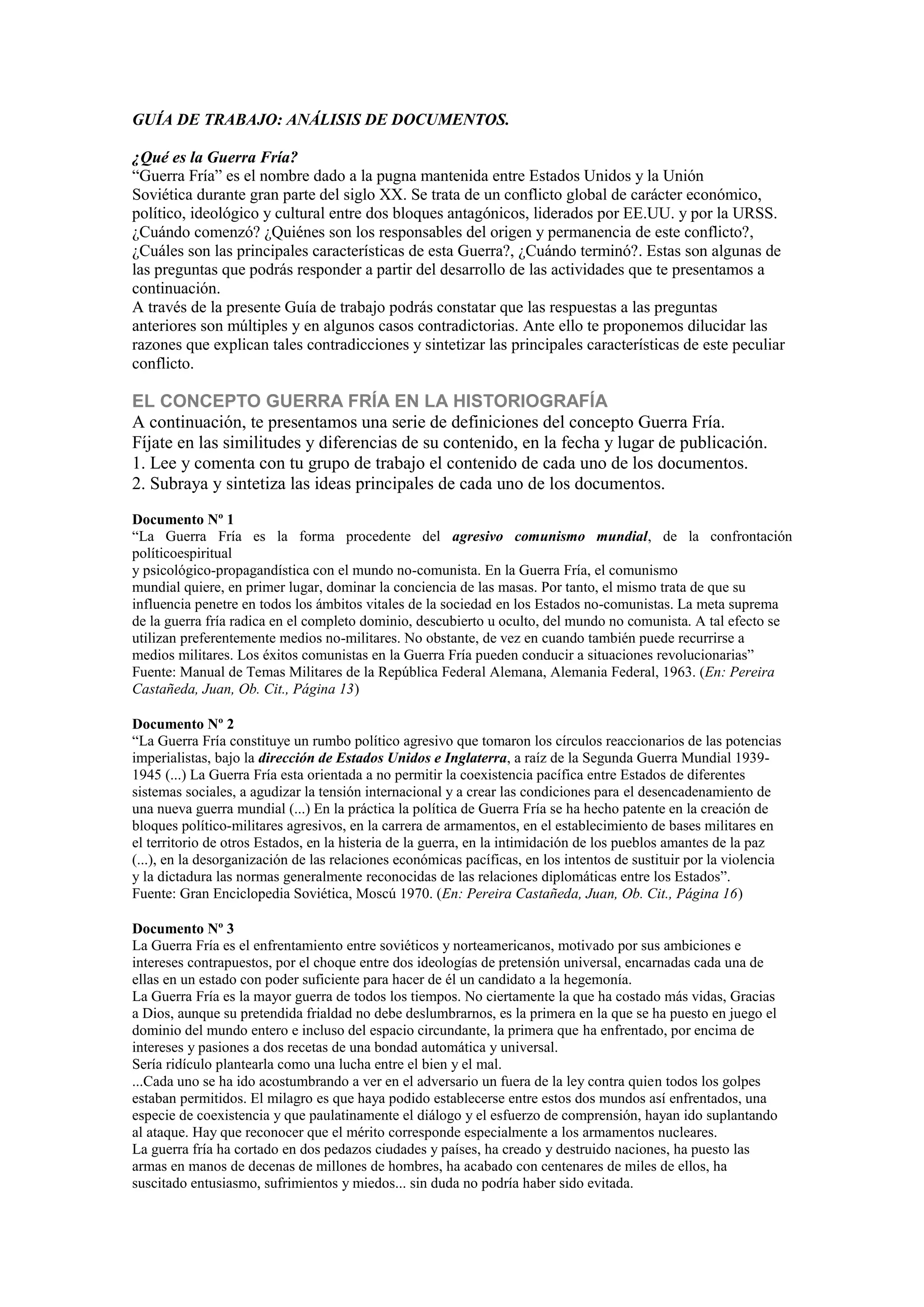 Guía de trabajo guerra fria | DOCX
