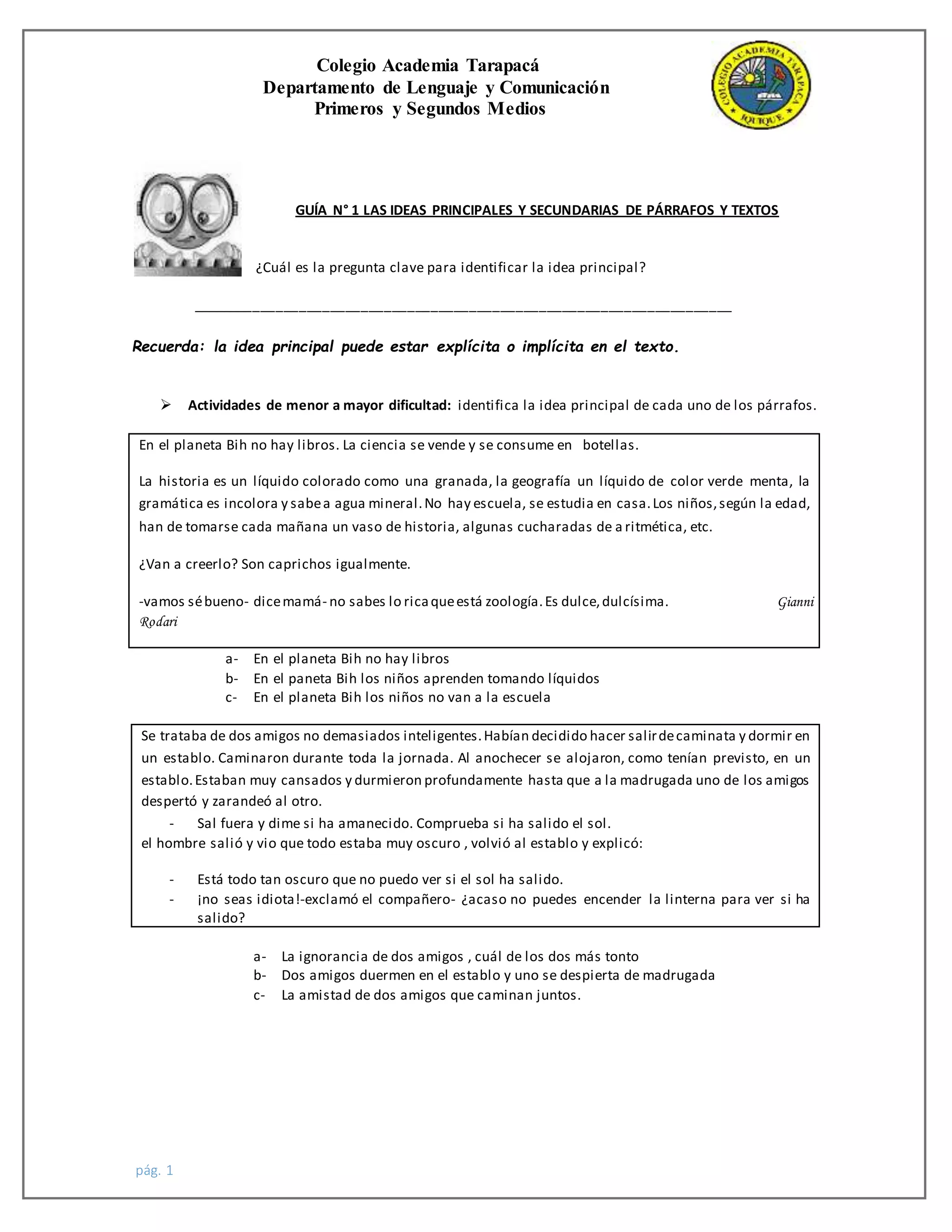 Guía n°1 ideas principales y secundarias | DOCX