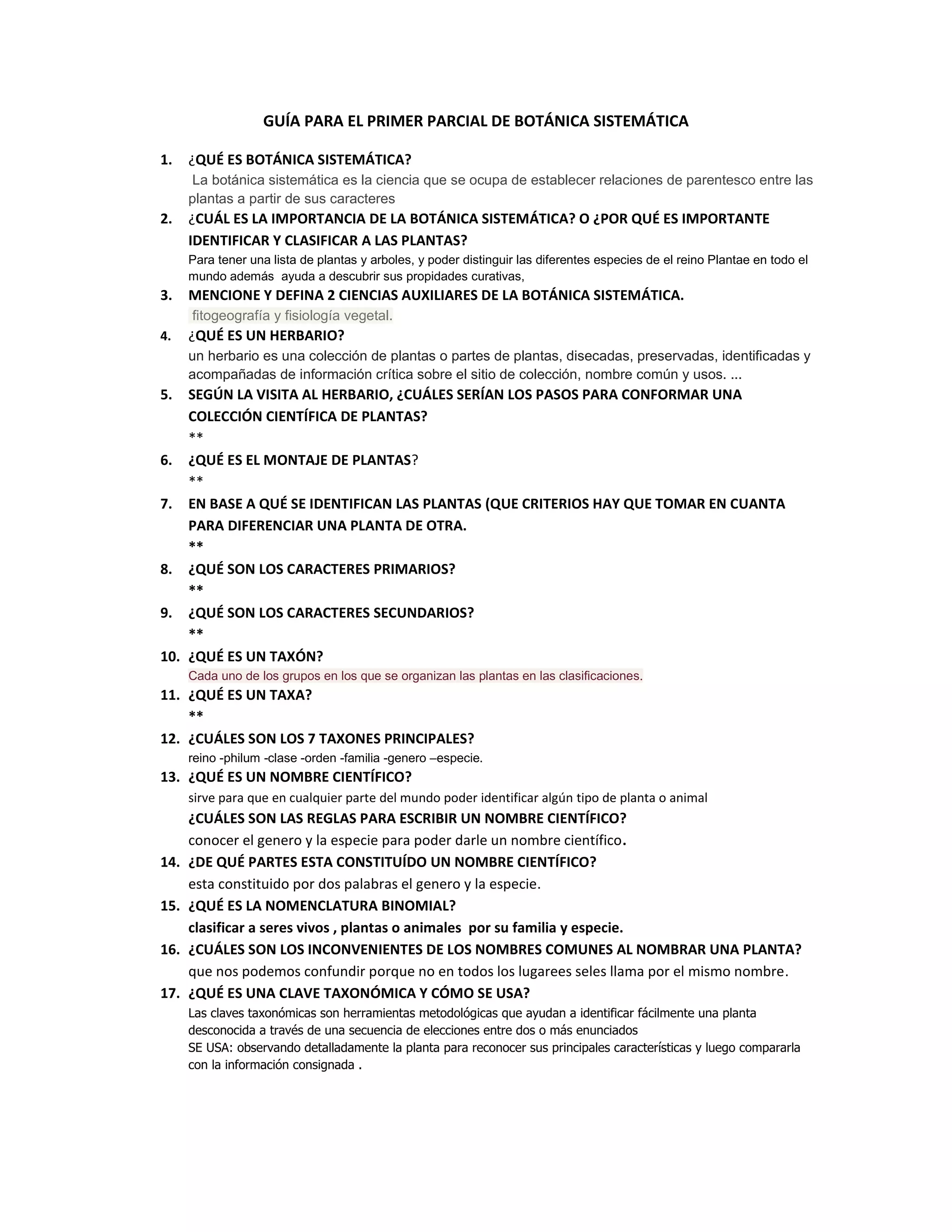 Guía para el primer parcial de botánica sistemática | DOCX