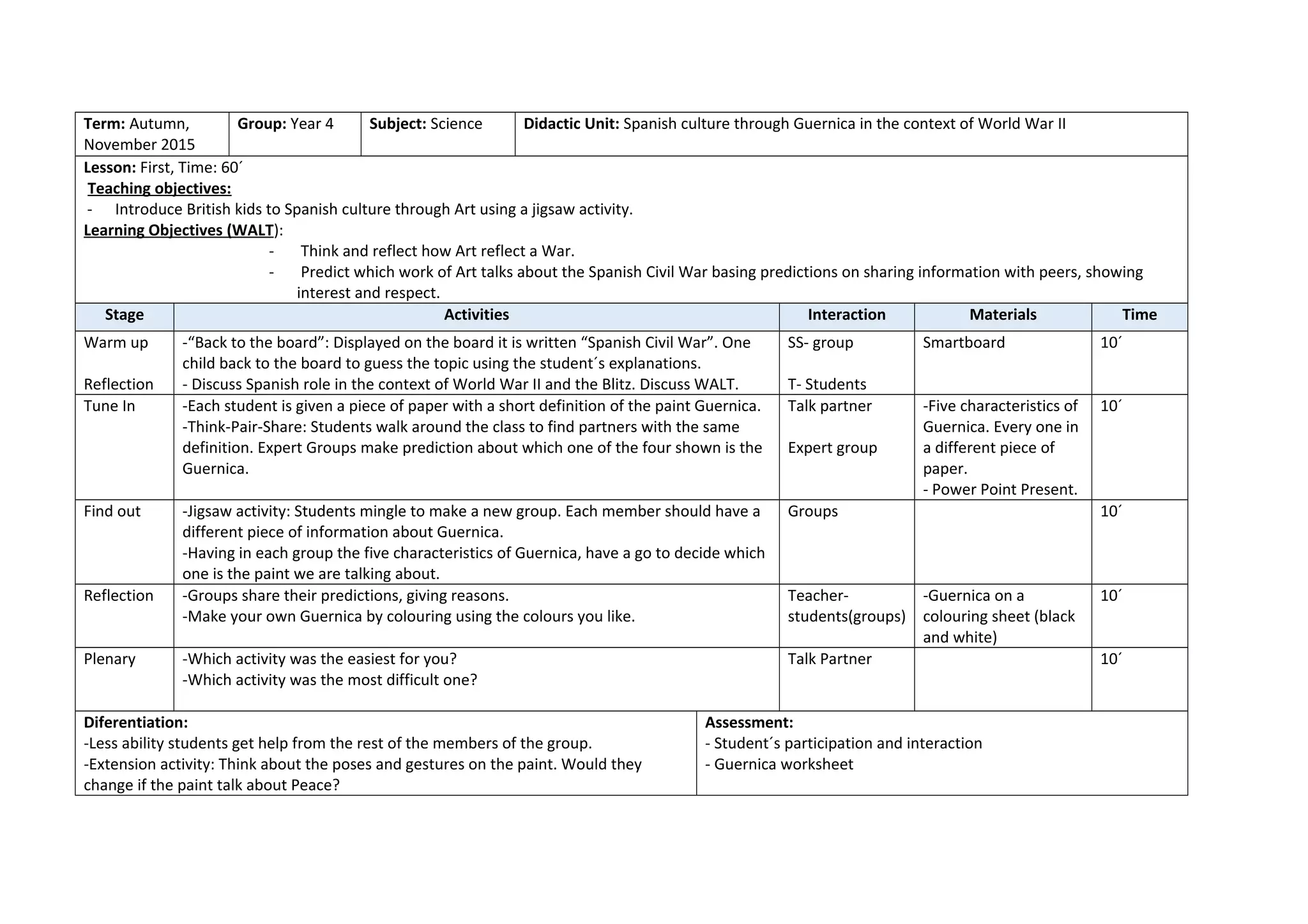 Guernica lesson plan | DOC