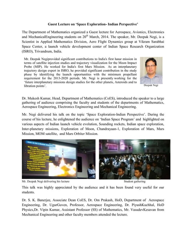 Guest lecture by Department of Mathematics (CoES) on ‘Space Exploration ...