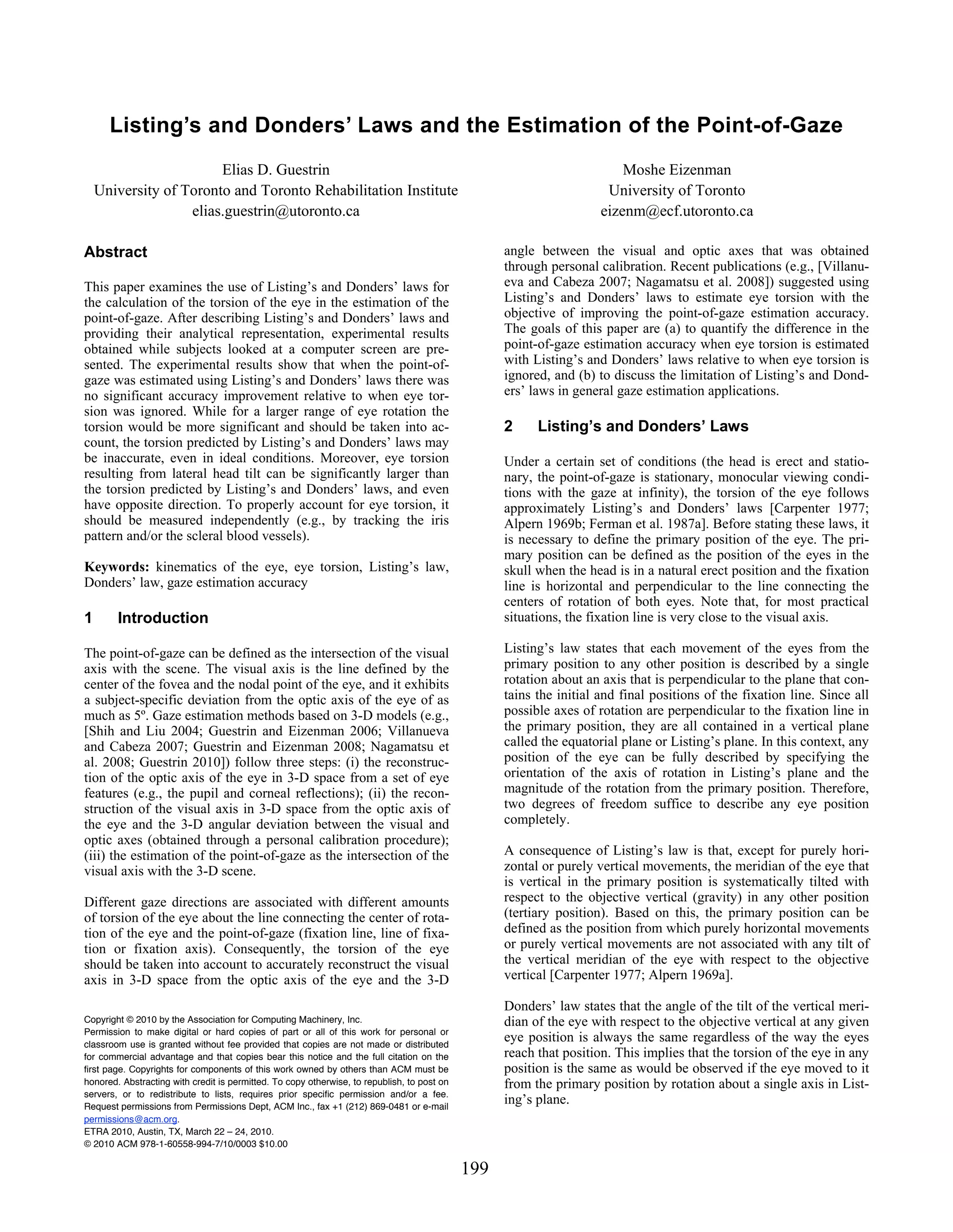 Guestrin Listings And Donders Laws And The Estimation Of The Point Of ...