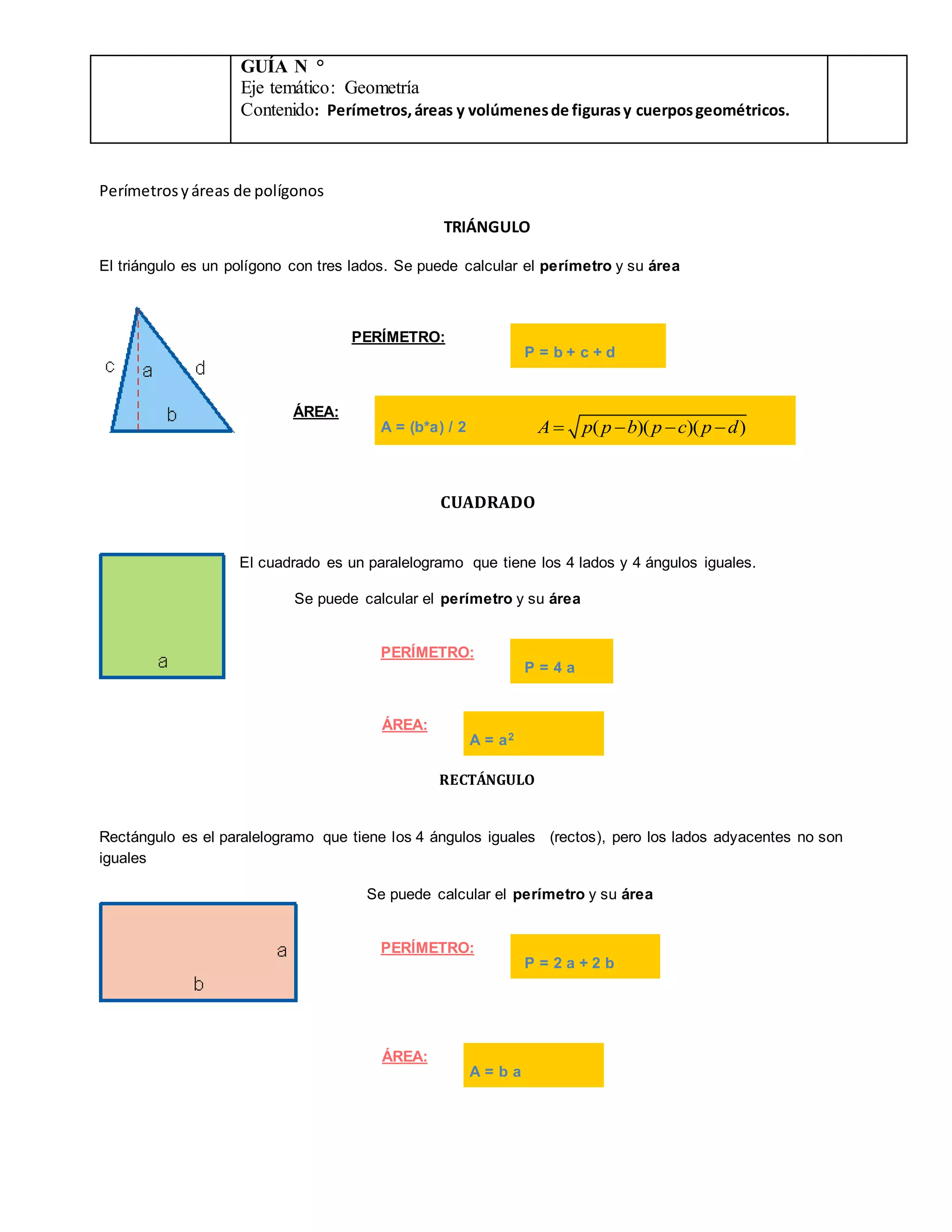Guia de area, perimetro y volumen Resumen | DOCX